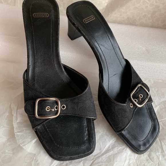 Coach | Shoes | Coach Black Signature Mules Slides Buckle Sandals ...